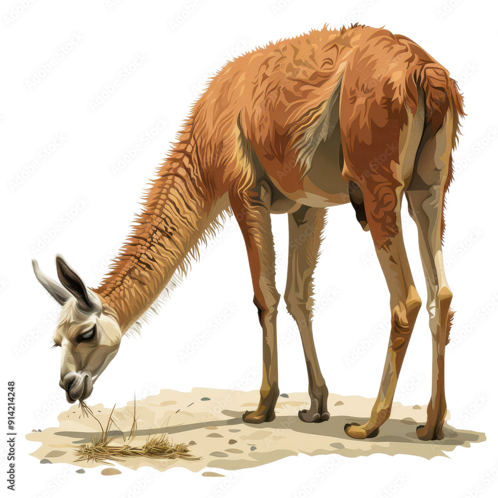 A detailed illustration of a camelid grazing, showcasing its unique ...