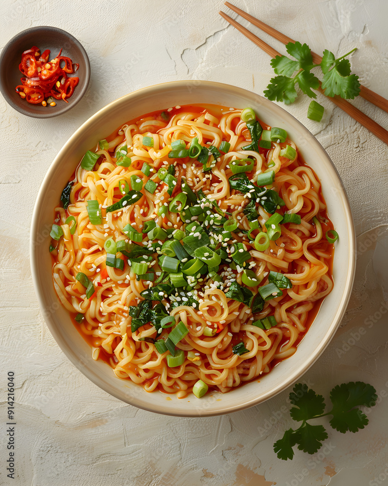 Hakka noodles with chopstics, green chopped chili on a pastel ivory ...