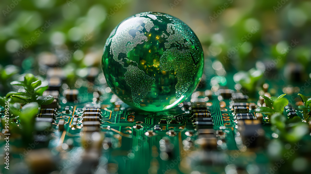 globe with a green tint placed on an electronic circuit board ...