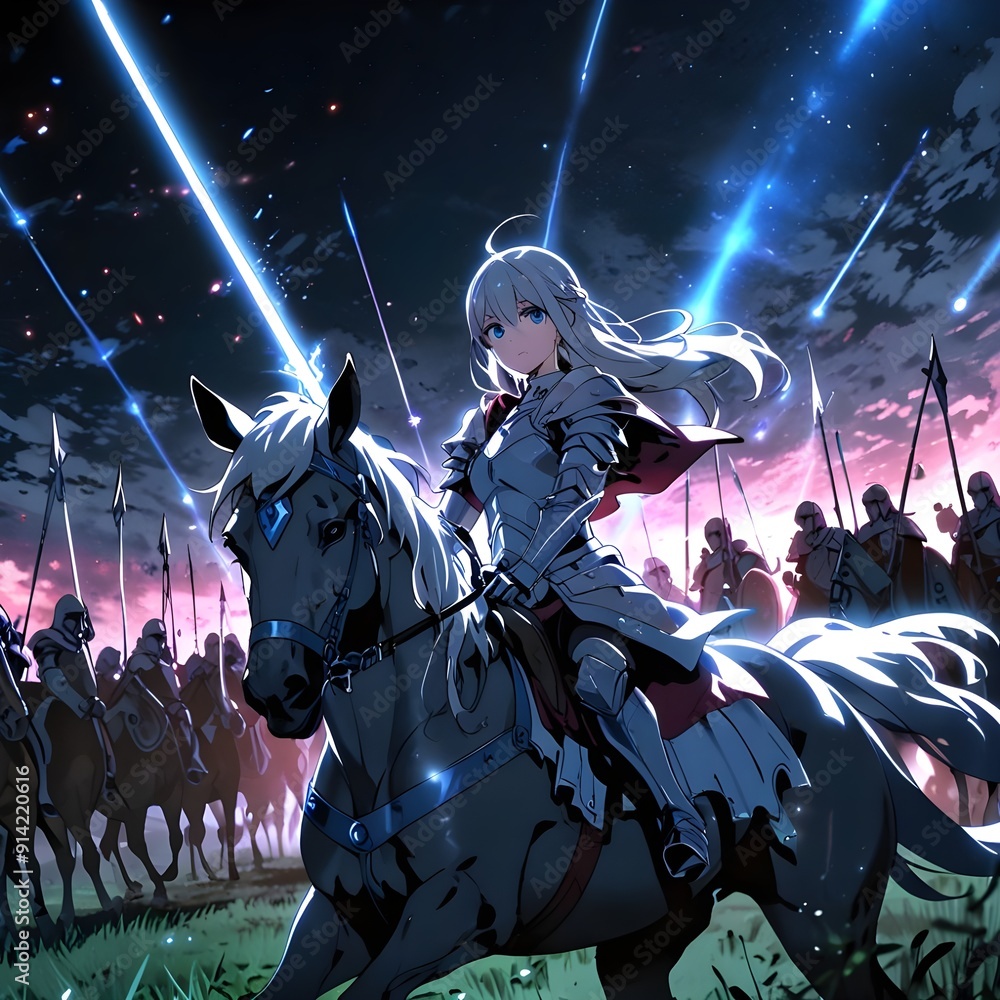 A young handsome man knight with blue eyes riding a horse in the anime ...