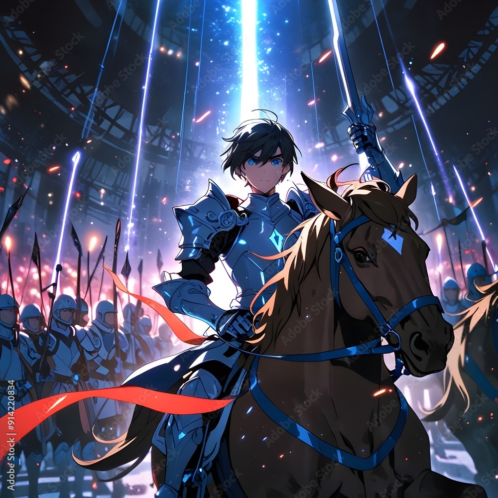 A young handsome man knight with blue eyes riding a horse in the anime ...