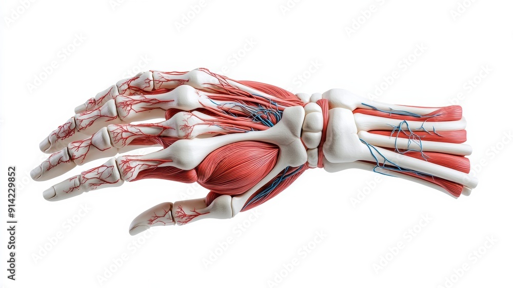 Detailed anatomical model of a human hand showing muscles, bones, and ...
