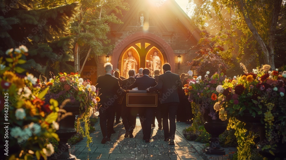 A group of mourners carry a coffin towards a church, bathed in the ...