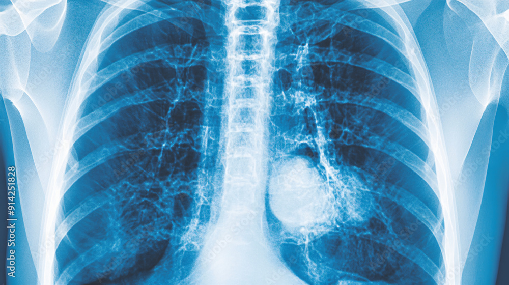 A clear chest X-ray image showing the lungs and heart, with a sleek ...