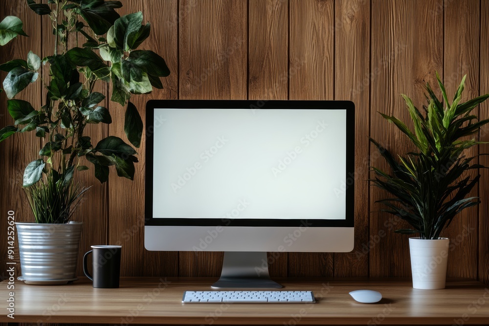 A mockup of a desktop computer with a white screen on a studio office ...
