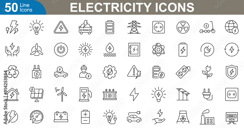 Electricity icons set vector illustration. Electric plug, light, bulb ...