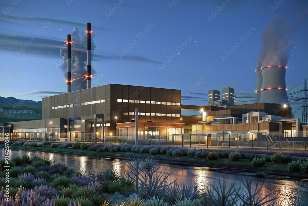 Modern Energy Facility. Illuminated power plant complex with cooling ...