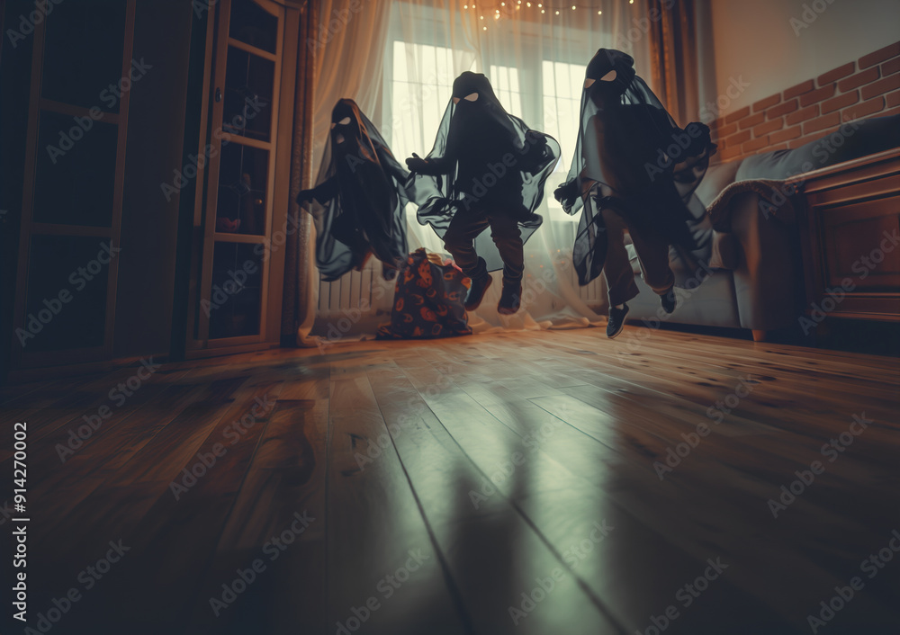 AI Image. Kids Dressed in Ghost like Cloaks Jumping and Playing at home ...