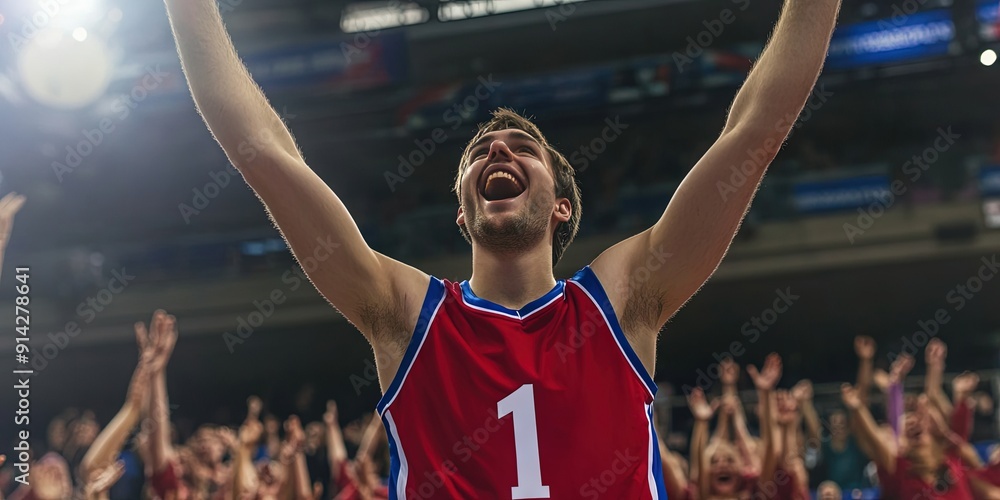 fan cheering in basketball stadium, blank red basketball jersey, blue ...