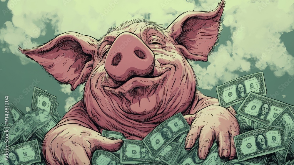Comic depiction of a greedy pig with money, satirizing corporate excess ...