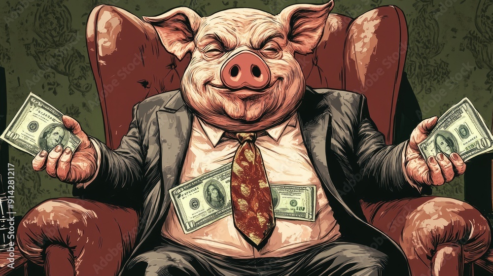 Comic depiction of a greedy pig with money, satirizing corporate excess ...