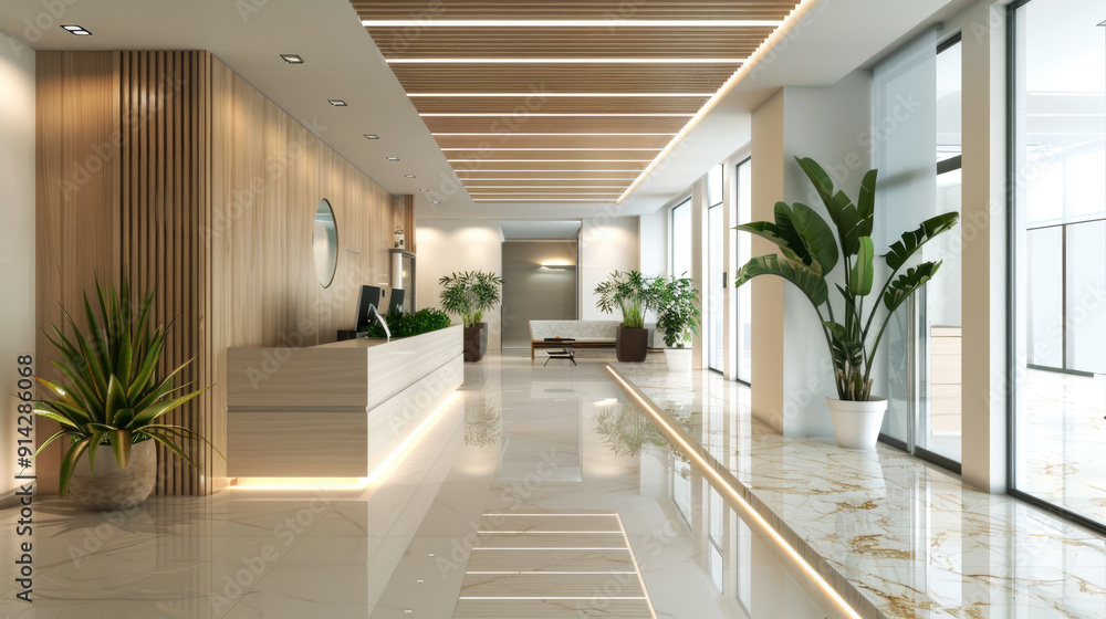 Inside empty clinic hall with green plants and white walls and led ...