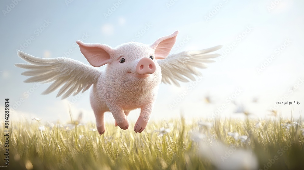 Whimsical 3D pig with wings flying high, representing the imaginative ...