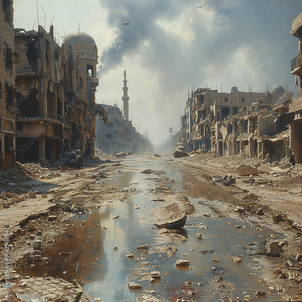 Aftermath of War: A desolate street, scarred by conflict, with a ...
