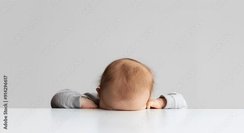 Adorable baby with big blue eyes lying on a reflective surface, hands ...