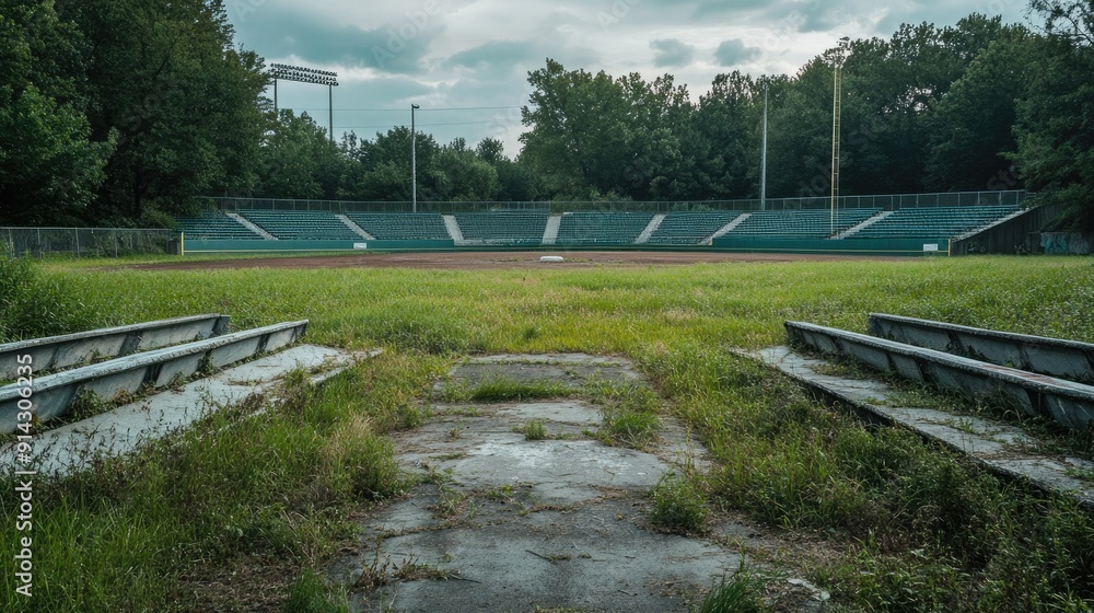 Abandoned baseball stadium with overgrown grass on the field and empty ...