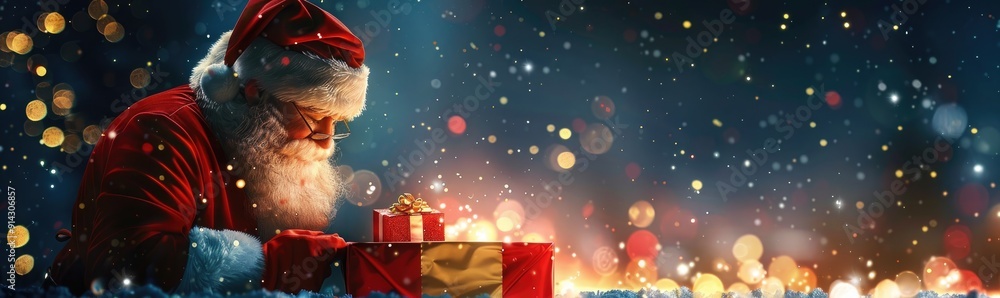 Christmas style with Santa Claus opening an gift box, dark blue ...