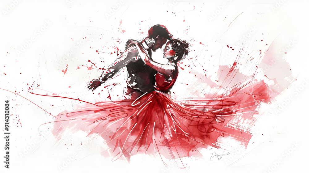 watercolor and ink drawing of a dancing couple in a red dress on a ...