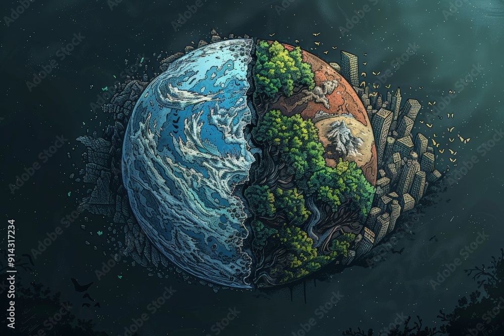 Artistic representation Earth split in half. Left side shows lush green forests, flowing rivers ...