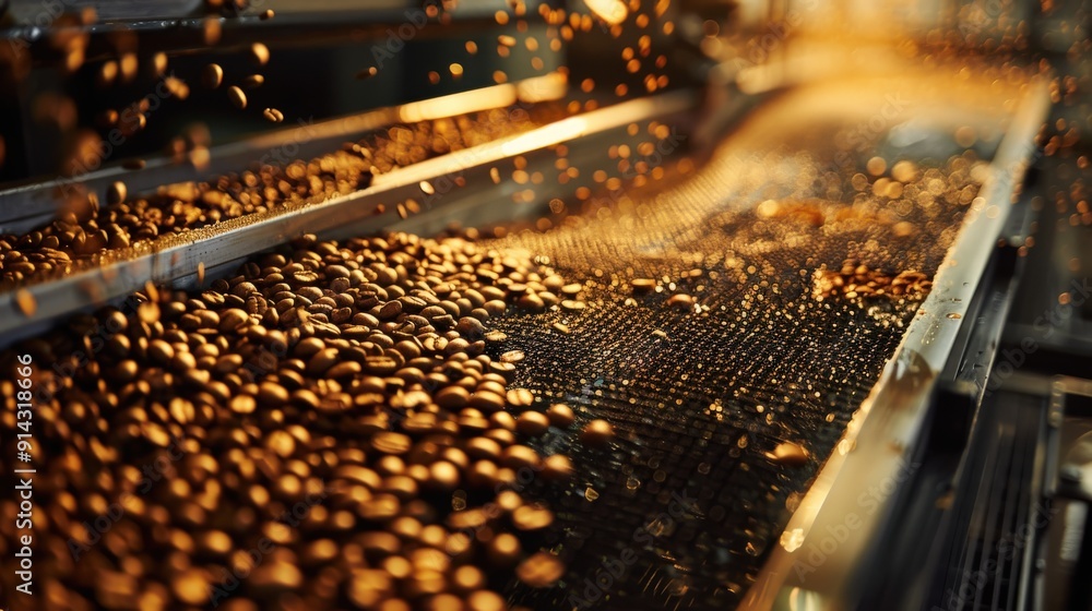 Coffee beans moving on a conveyor belt in a processing plant. The beans ...