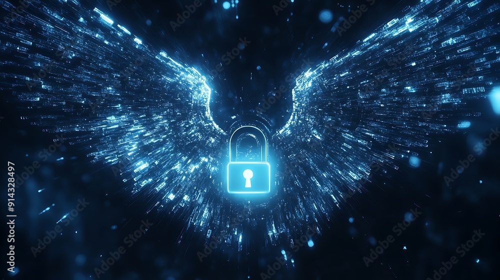 Blue glowing digital wings with a lock symbol at the center Stock ...