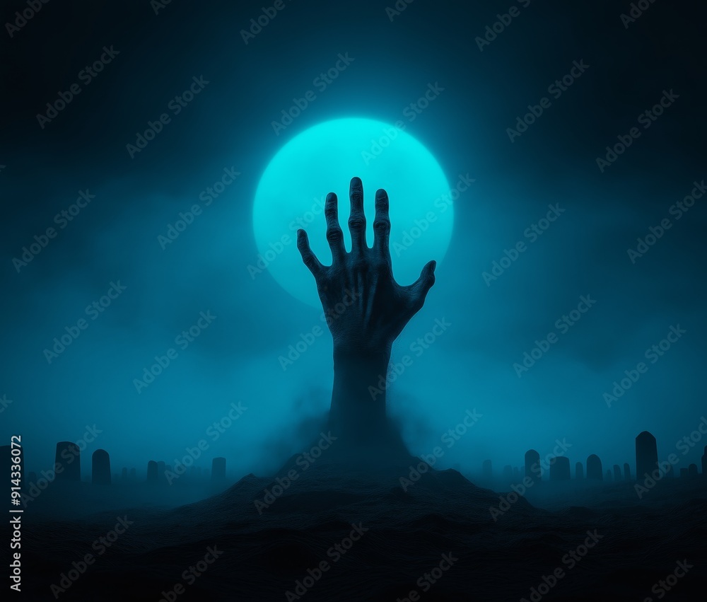 Zombie hand emerging from the ground in a dark, foggy atmosphere ...