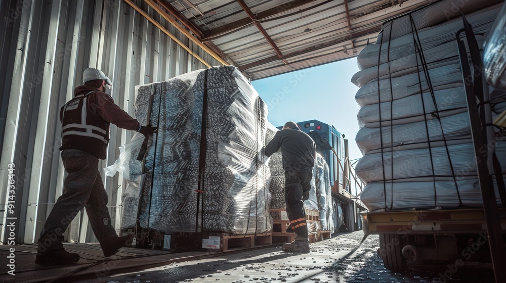 Two workers load pallets of goods into a shipping container. Stock ...