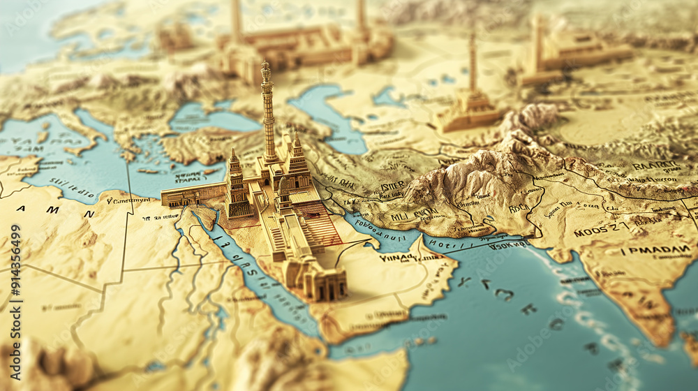 A richly detailed 3D-rendered map depicts the Middle East and parts of ...