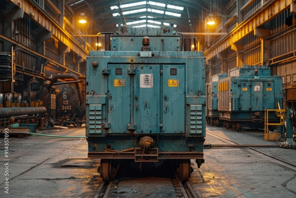 Large industrial blue power units sit on tracks in a transformer yard ...