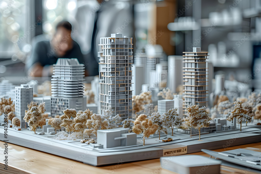 Architectural model of a modern city with tall buildings and trees ...