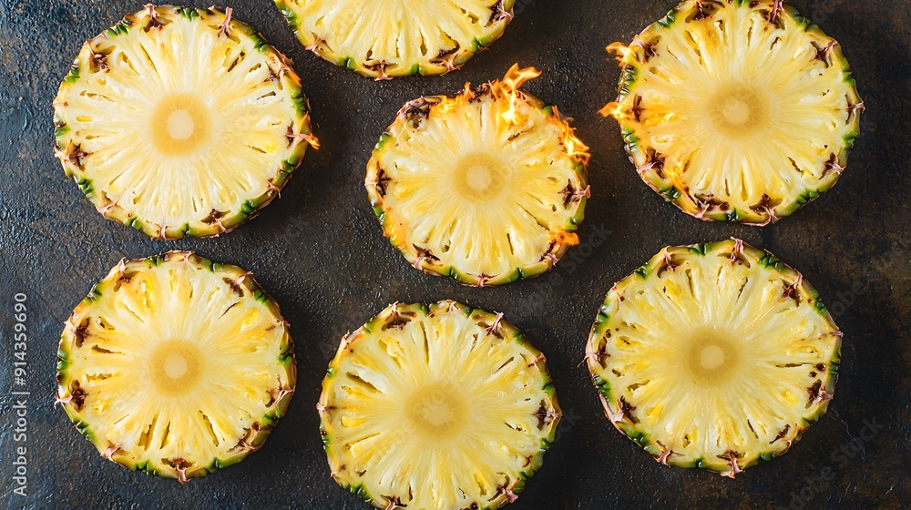 Pineapple Slices with Flaming Edges Slices of pineapple are arranged in ...