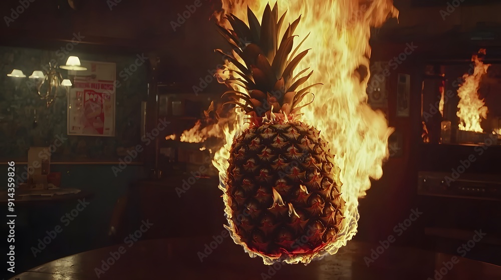 Pineapple on Fire in a Dark Room A whole pineapple is set ablaze in a ...