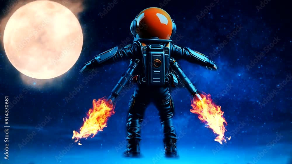 Astronaut with a jetpack flying in front of a full moon in space, with ...