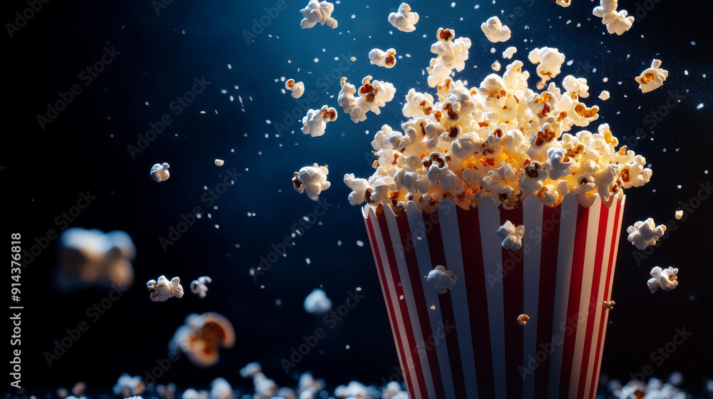 Popcorn bursting out of a striped bucket in the dark, like when you're ...