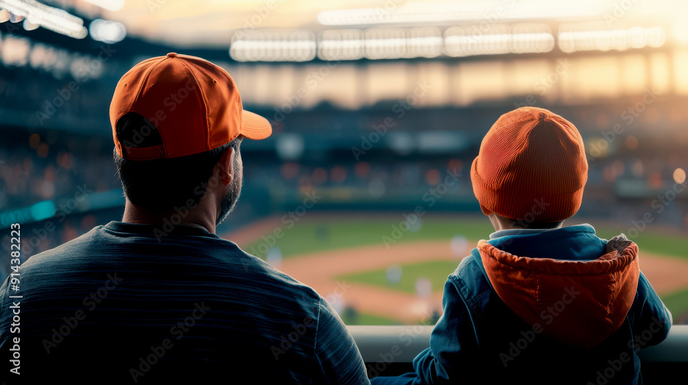 A father and child enjoy a baseball game, wearing matching orange caps ...