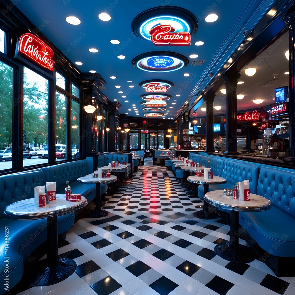 Retro diner-themed kitchen with checkered floors, classic diner booths ...