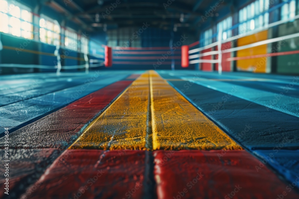 A vacant boxing ring stands out against the empty arena, its bright ...