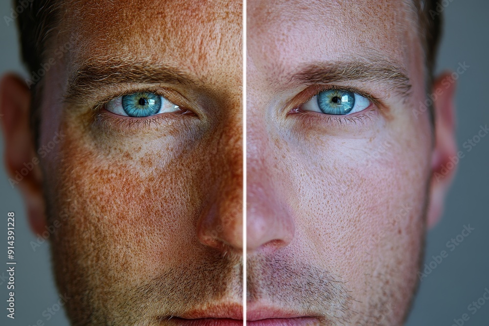 Portrait of a man with one side of his face showing stress and fatigue ...