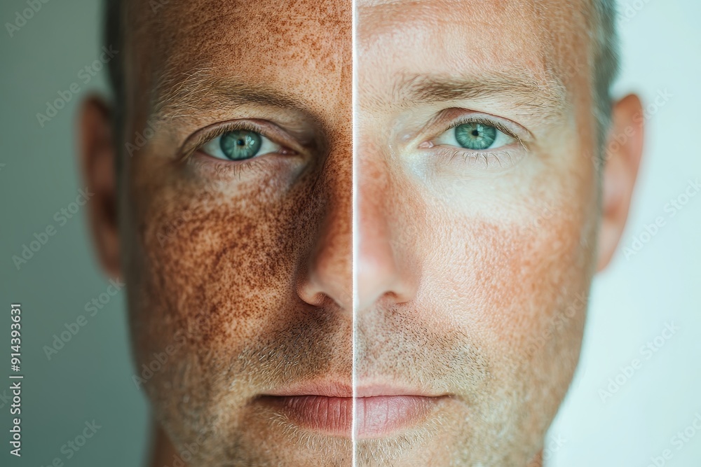 Portrait of a man with one side of his face showing sun damage and the ...