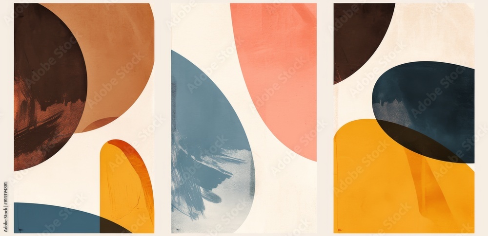 Set of Three Abstract Paintings with Frames Featuring Simple Shapes and ...
