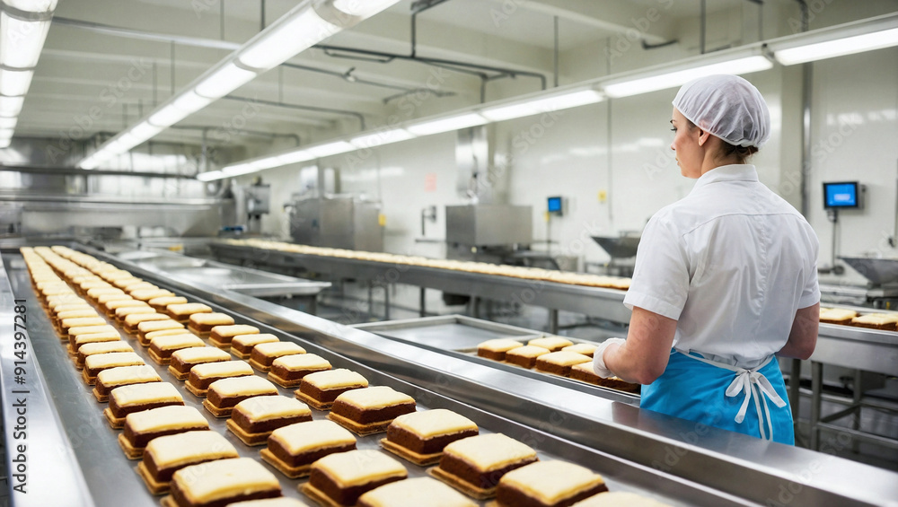 Worker Overseeing the Production Line in a Modern Food Manufacturing ...