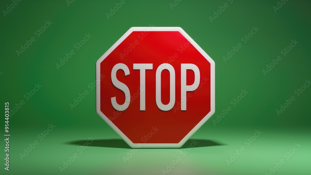 Realistic white emergency stop sign in front view with shadow on green ...