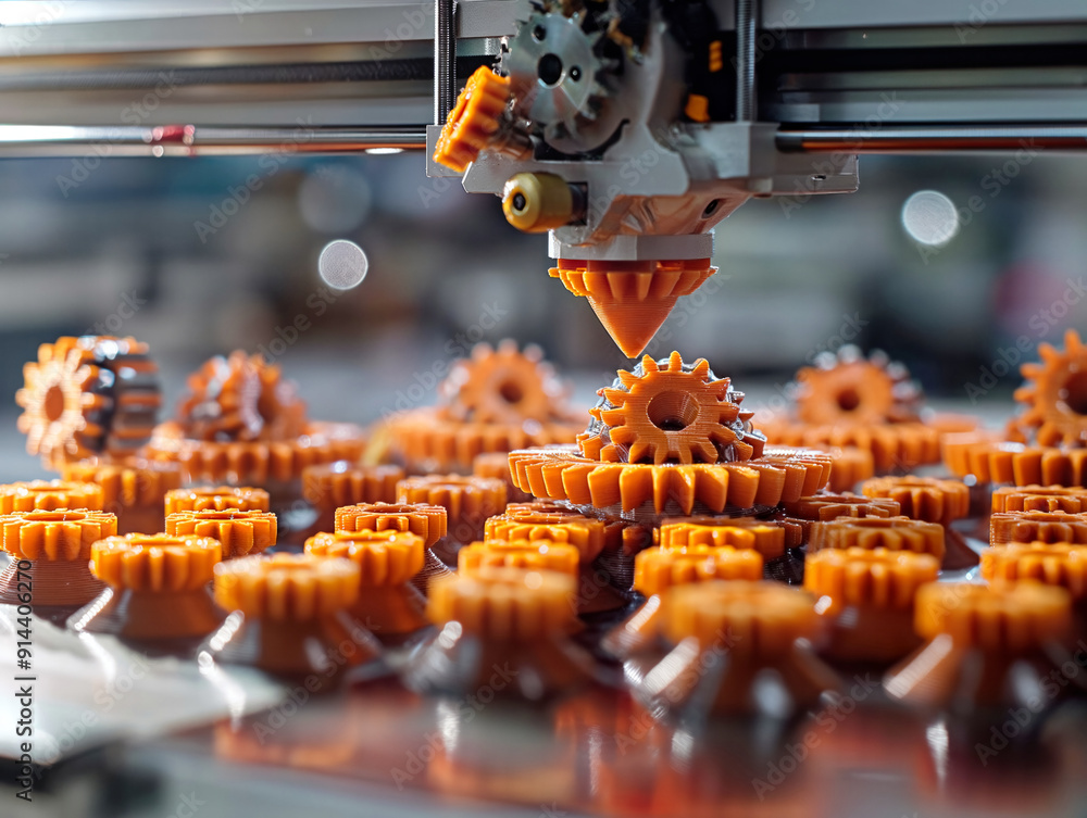 A machine is making gears out of plastic. The gears are orange and are ...