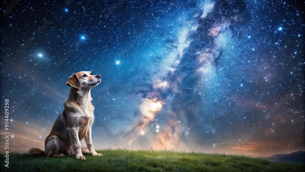 Starry night sky with a cute dog looking up at the stars, stars, night ...