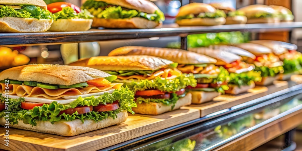 Freshly made sandwiches on display at a sandwich shop counter ...