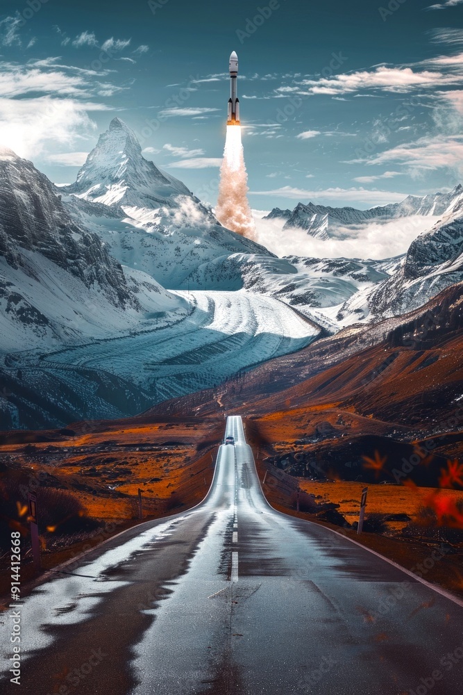 Rocket Launch over Scenic Mountain Road. Stunning landscape with snowy ...