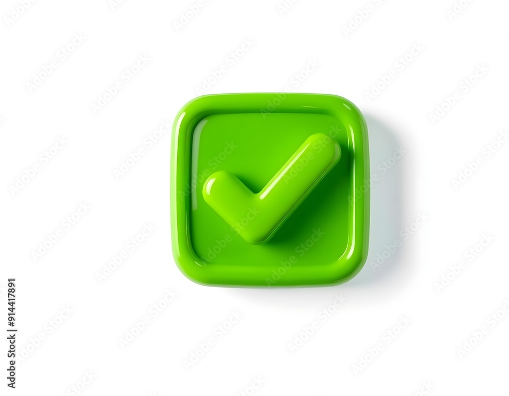A vibrant green tick mark in a square format with a glossy finish ...