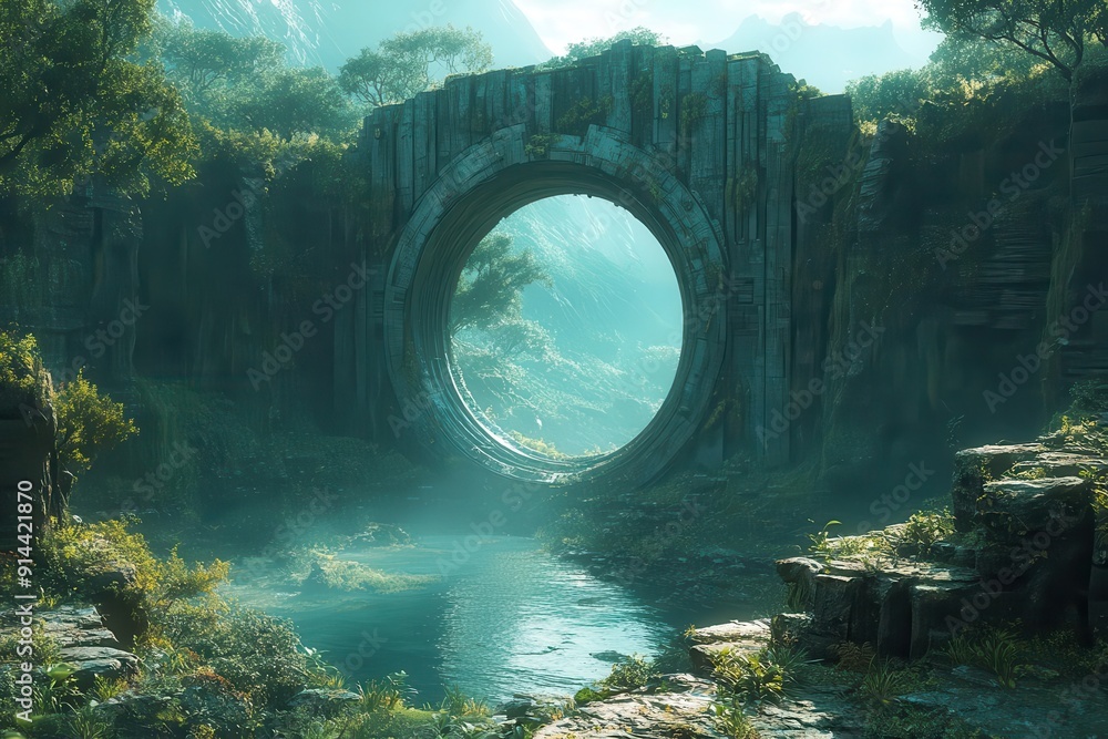 alien landscape portal surreal scene of a pulsating energy portal ...