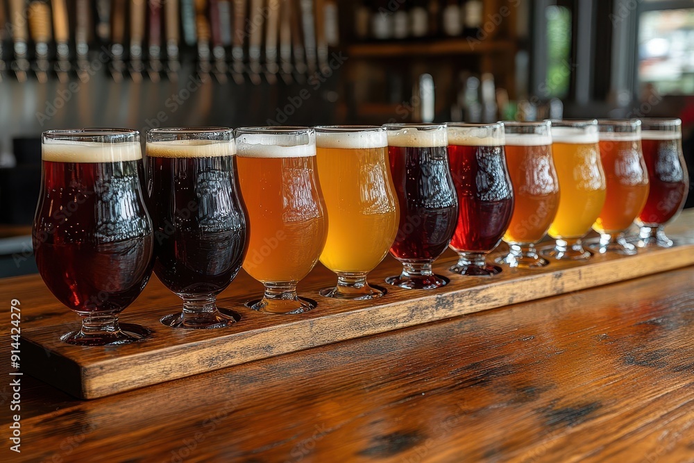 artisanal beer tasting flight arranged on a rustic wooden bar varied ...