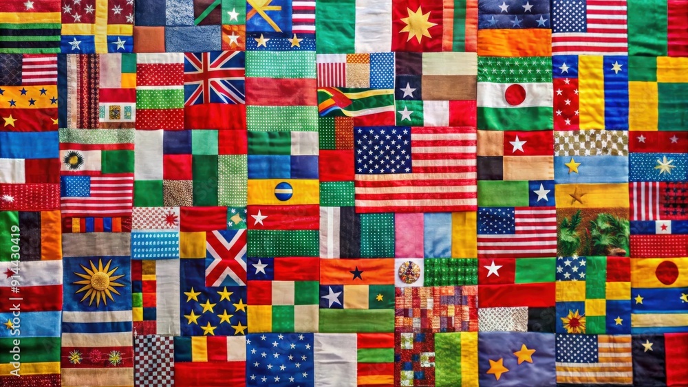 Colorful patchwork flag with various flags on it, diverse ...